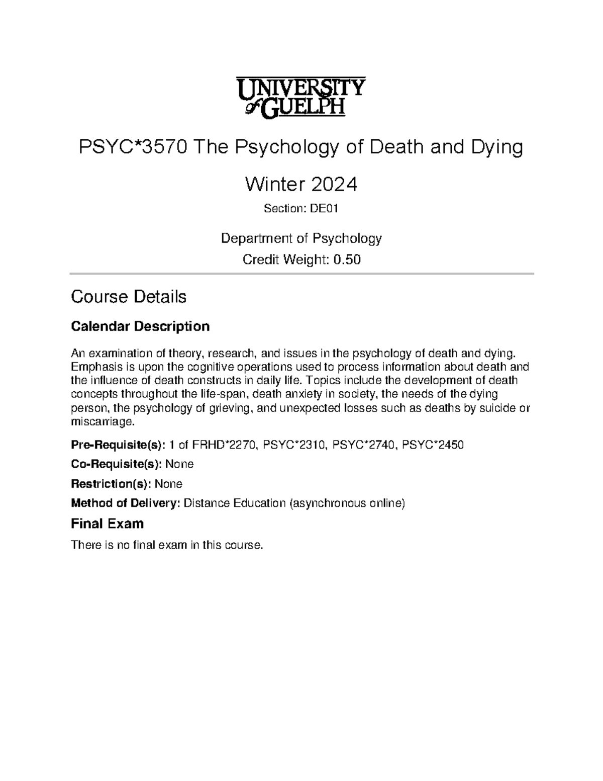 Outline for PSYC*3570 DE01 W24: Psychology of Death & Dying - Studocu