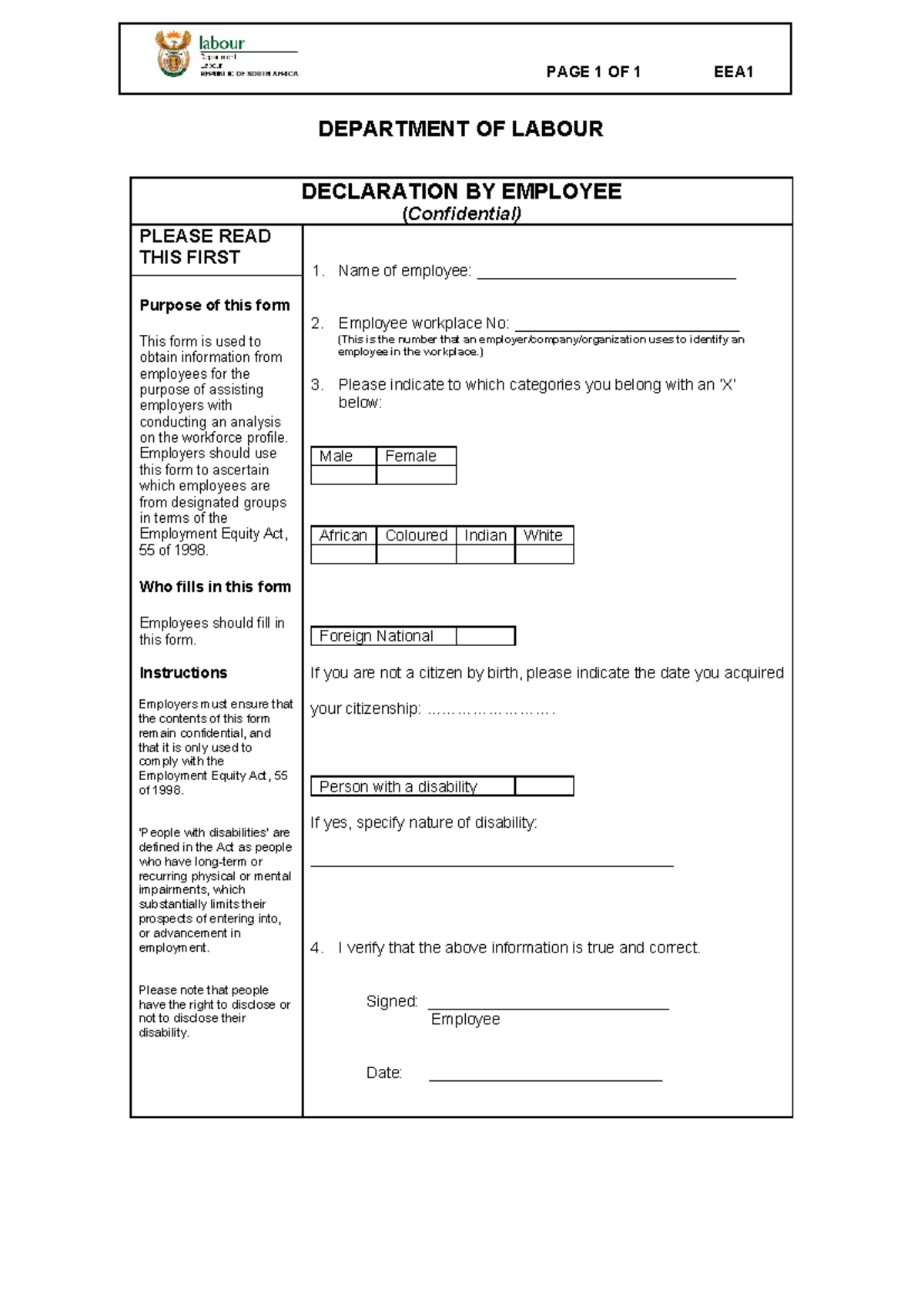 EEA1 FORM - Employee Declaration for Workforce Analysis - Studocu