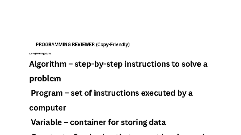 COMP 101: Programming Basics Review and Key Concepts - Studocu