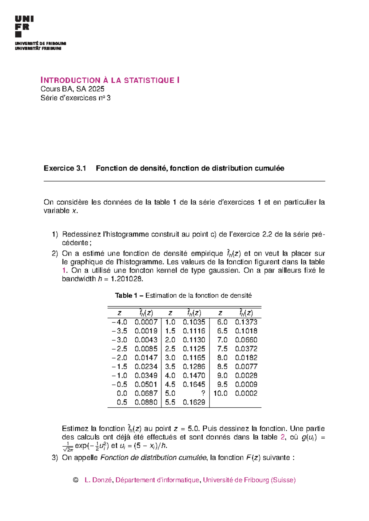 Introduction à la Statistique I - Cours BA, SA 2025 - Exercice 3.1 et 3 ...