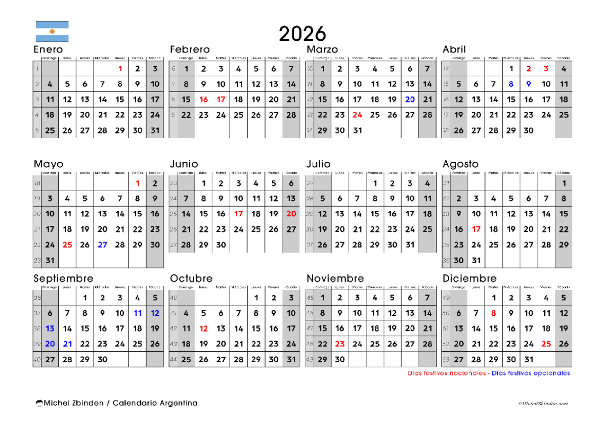 Calendario 2026 de Michel Zbinden: Días y Festivos - Studocu