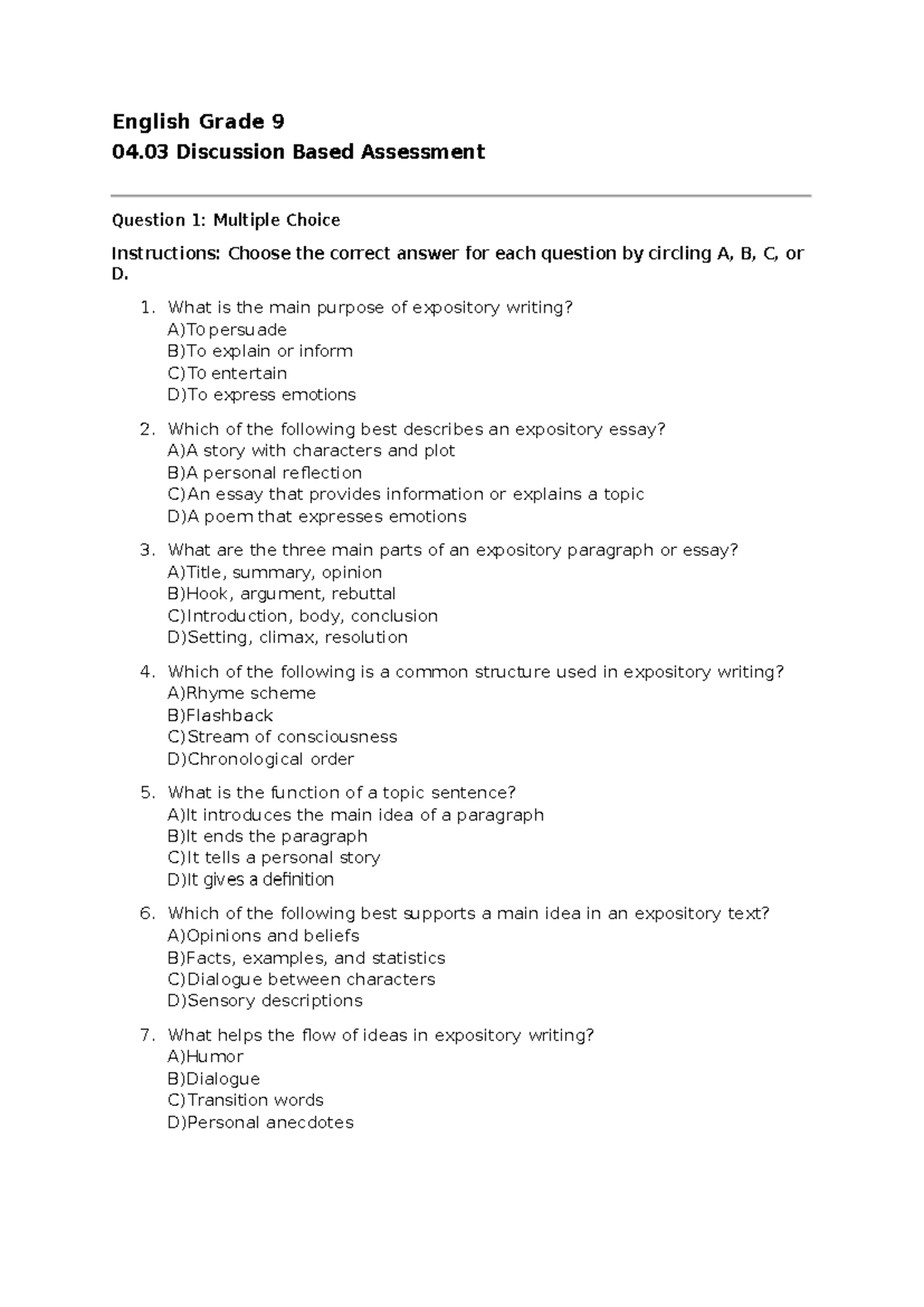 English Grade 9 04.03 Discussion Based Assessment: Expository Writing ...