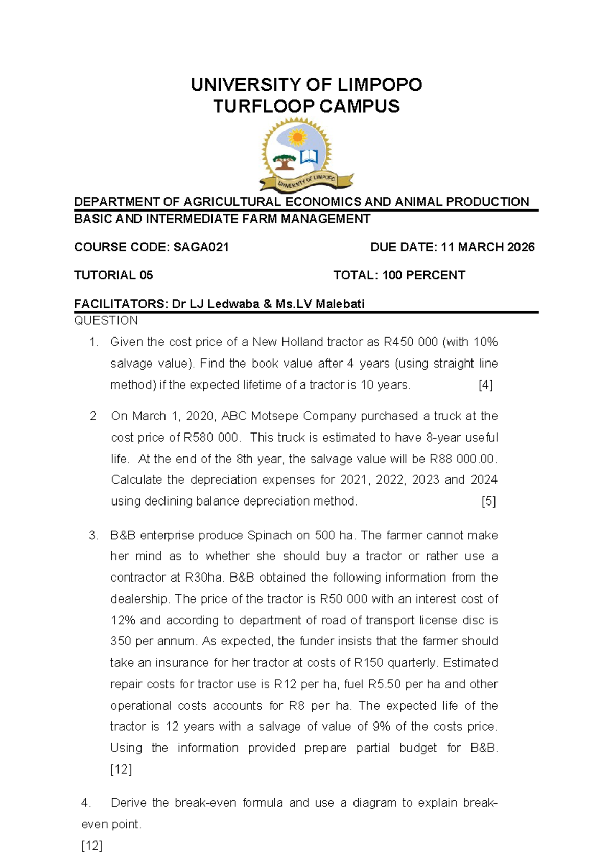 SAGA021 Tutorial 05 - Farm Management Notes and Calculations - Studocu