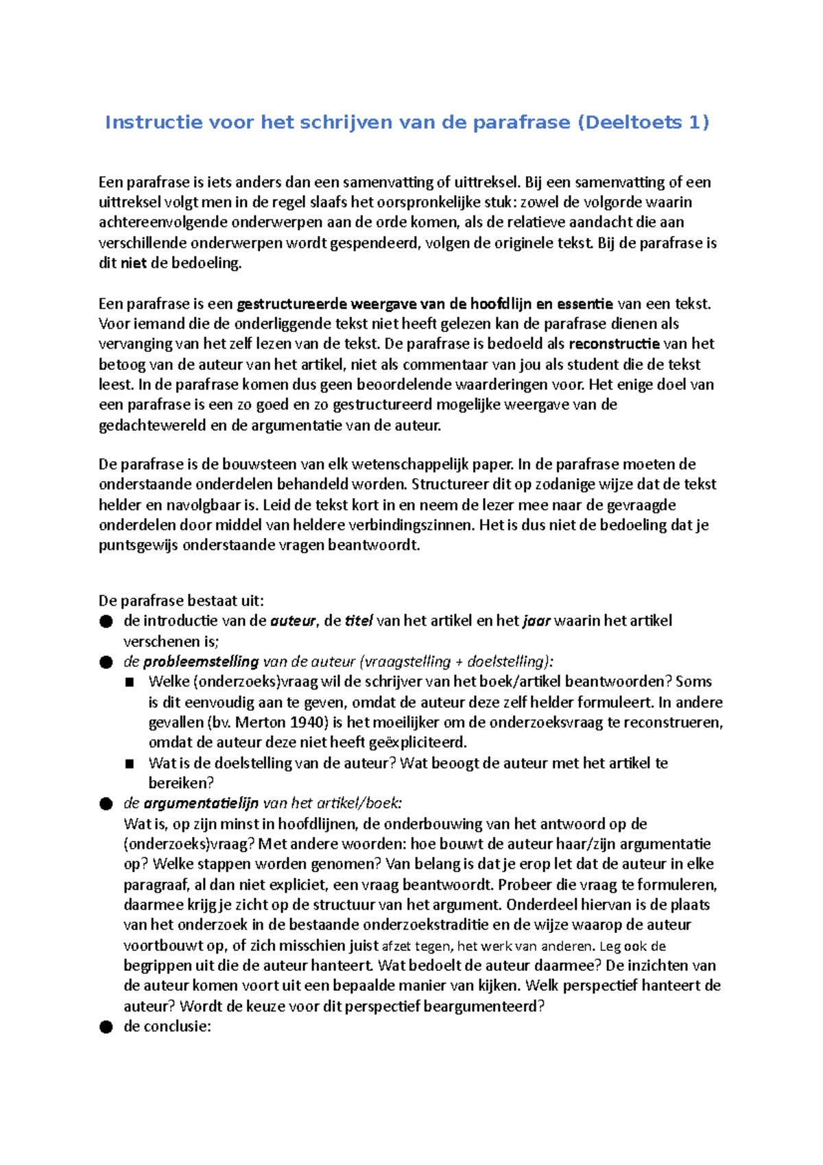 Instructie voor het Schrijven van een Parafrase (Deeltoets 1) - Studeersnel