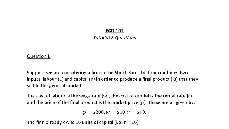 ECO 101 Tutorial 8 Questions on Production and Costs - Studocu