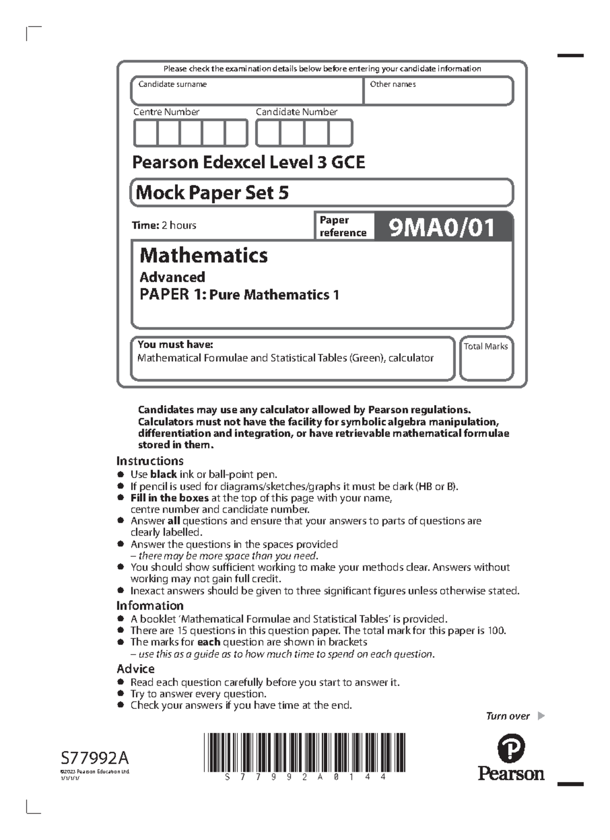 9MA0-01 Pure Mathematics 1 - Mock Paper Set 5 (2023) - Studocu