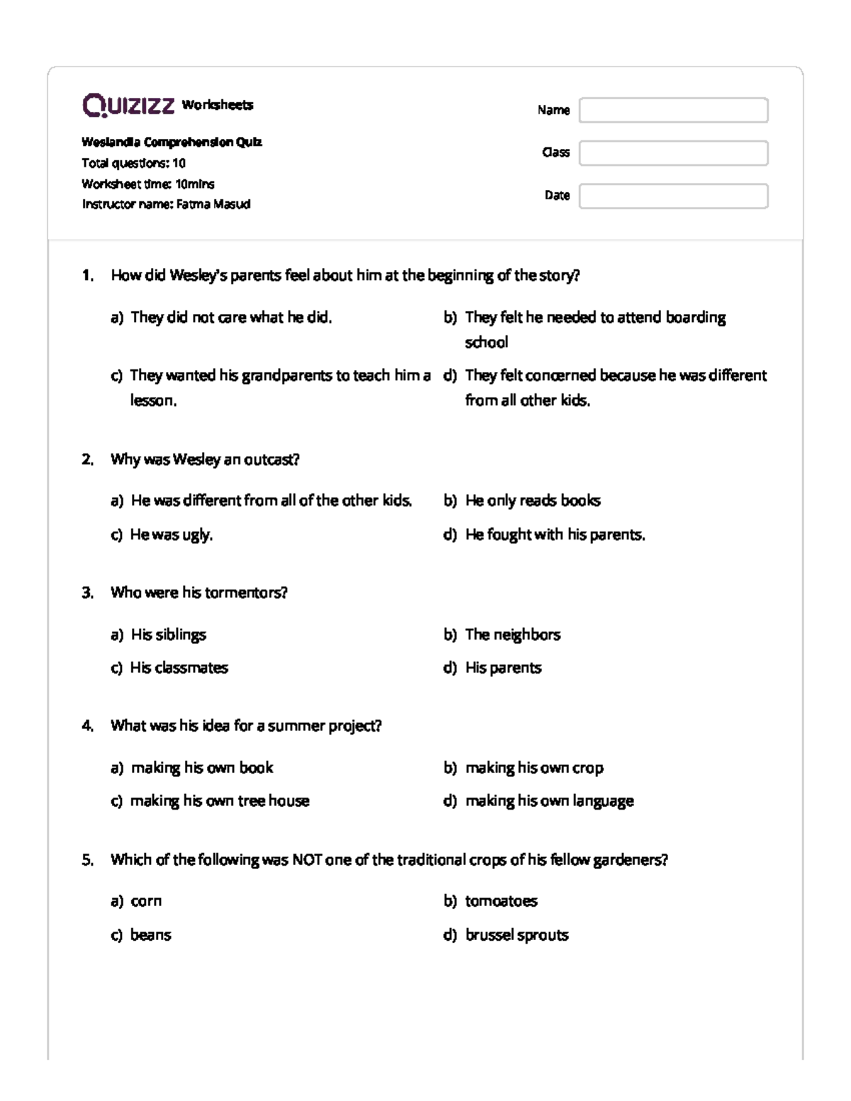 WES 101: Weslandia Comprehension Quiz - 10 Questions - Studocu