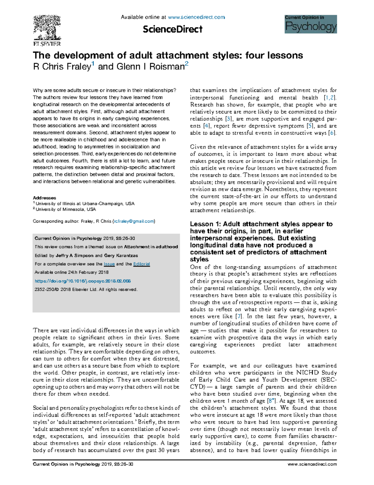 Key Lessons on Adult Attachment Styles Development (PSY 2019) - Studocu