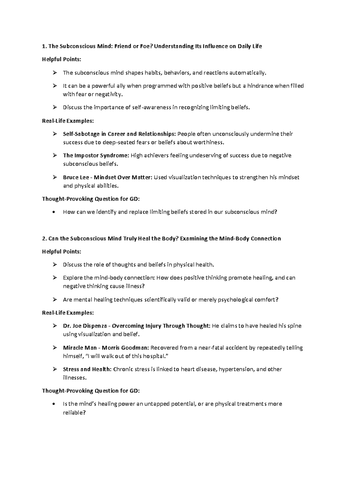 GD 1: The Subconscious Mind's Role in Healing & Relationships - Studocu