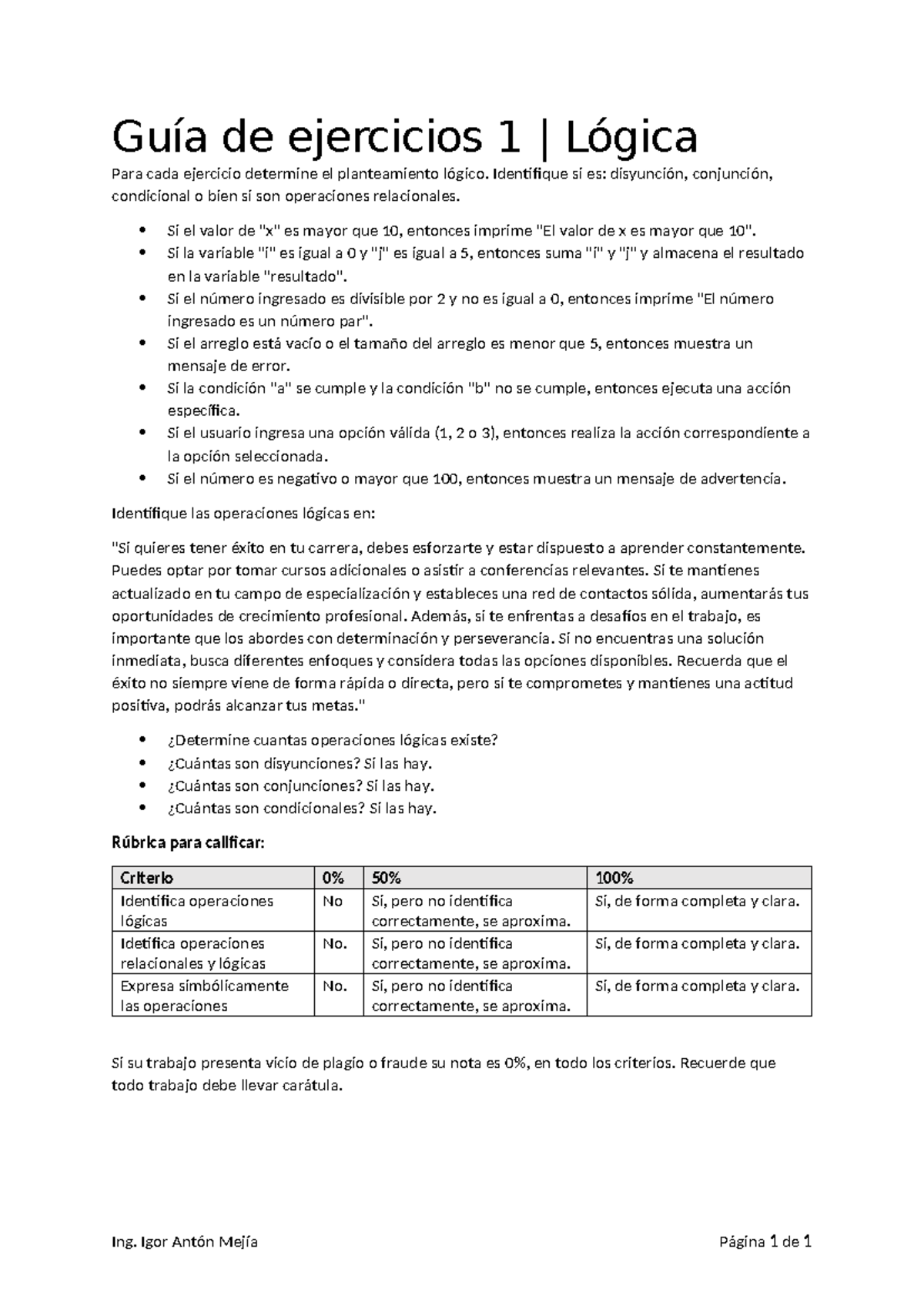 G1 - Ejercicios de Lógica: Identificación de Operaciones Lógicas - Studocu