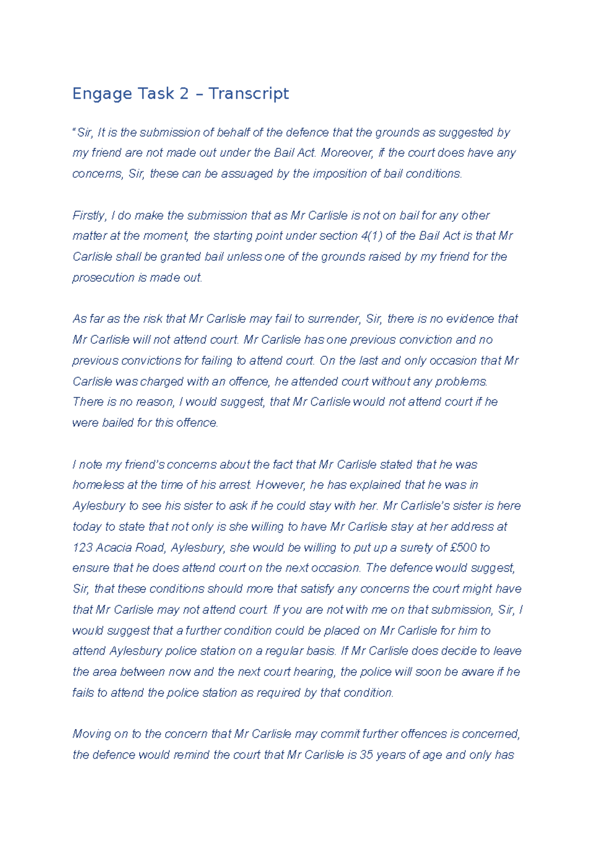 2425 SQE2 Adv U01 CE01 Engage Task 2 Defence Transcript - Studocu