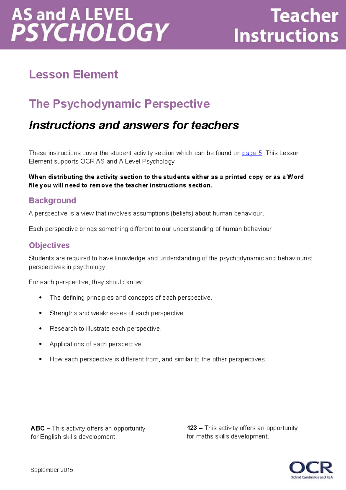 OCR AS & A Level Psychology: Psychodynamic Perspective Lesson Element ...
