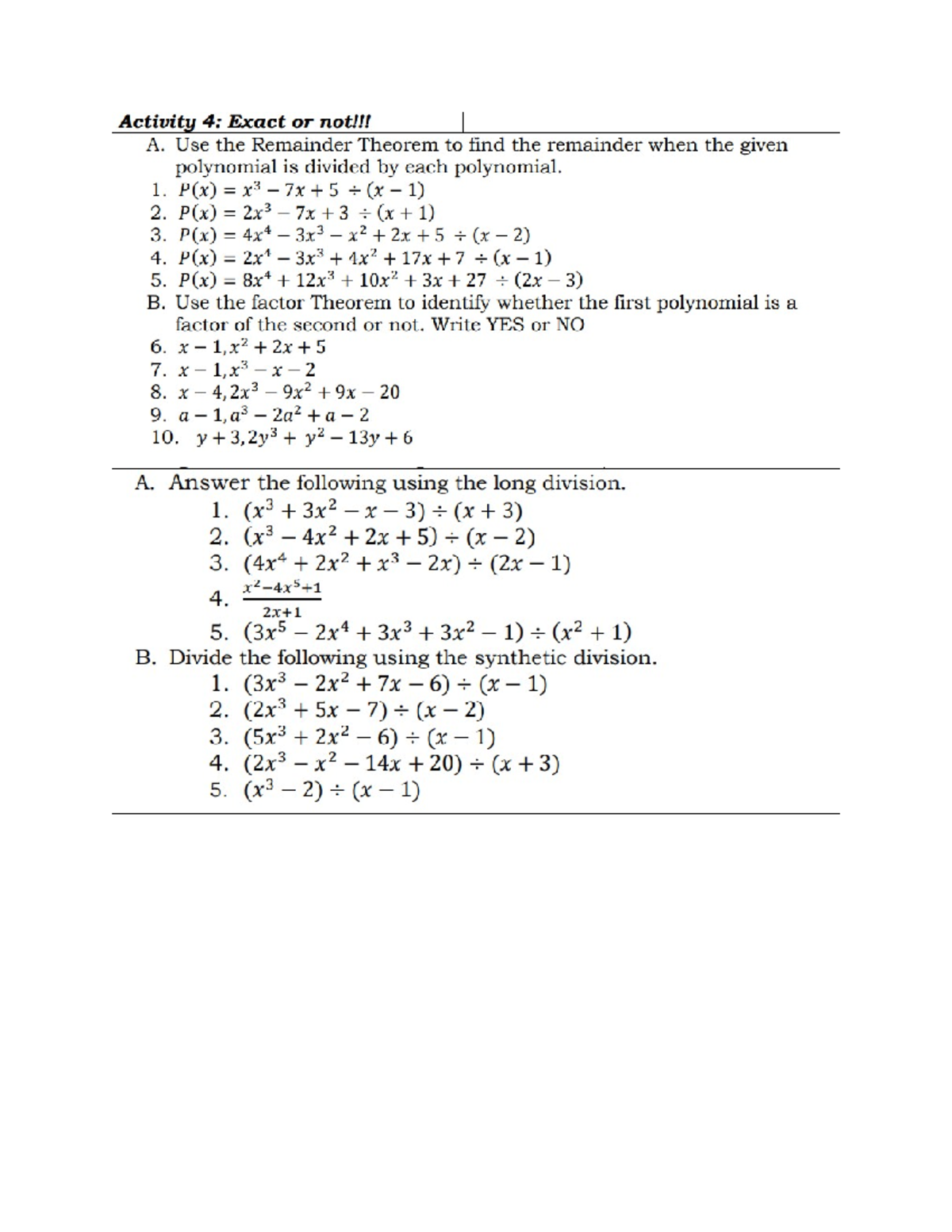 Activity 4: Remainder & Factor Theorems in Polynomial Division - Studocu
