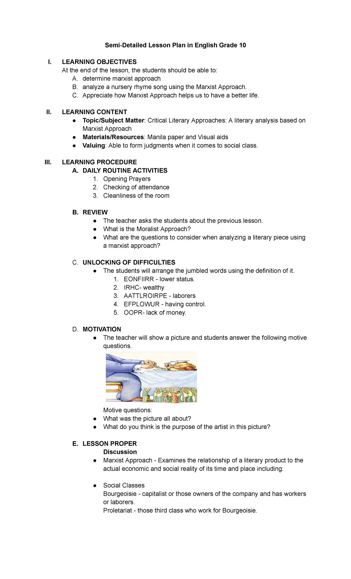 Marxist Approach: Semi-Detailed Lesson Plan for English Grade 10 - Studocu