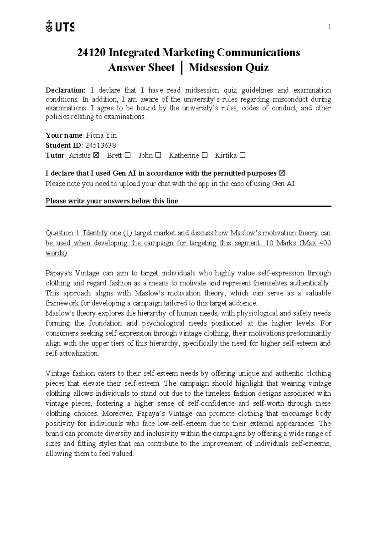 24210 IMC SPR2023 Midsession Quiz-2 Answer Sheet - Studocu
