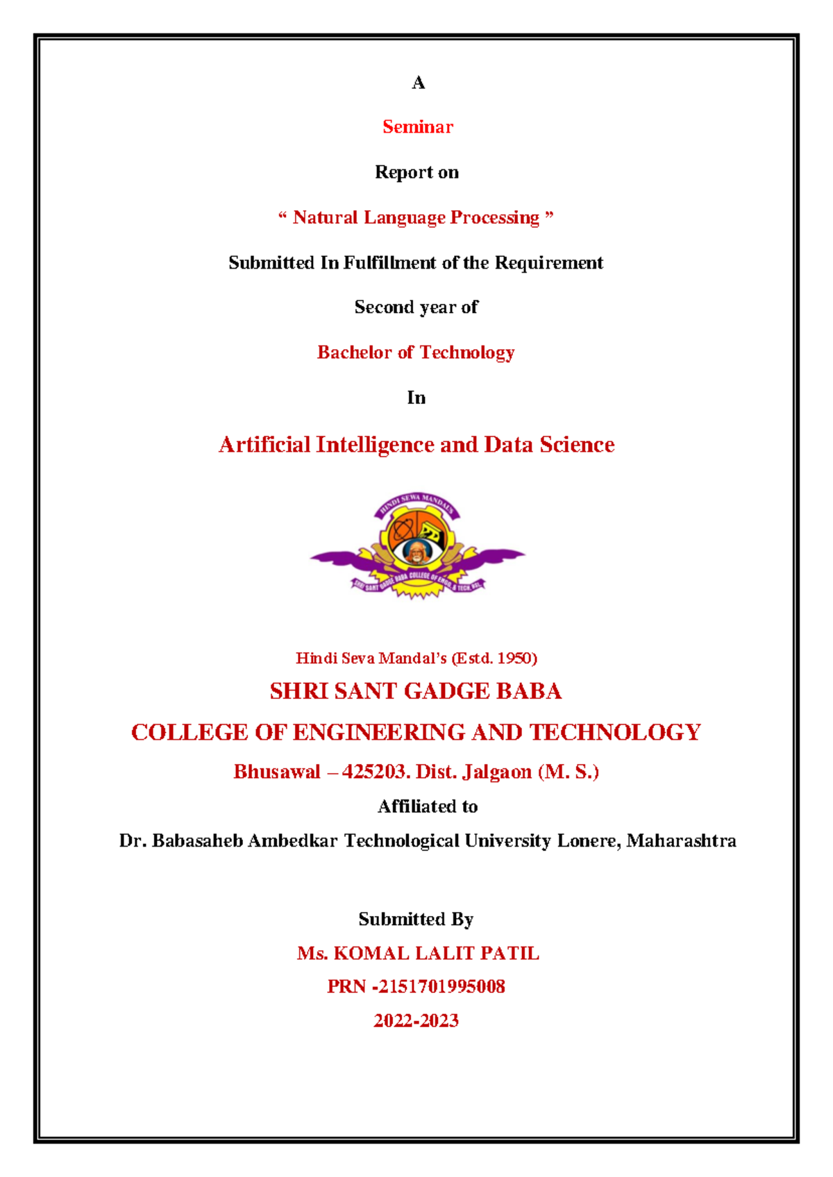 NLP Seminar Report - B.Tech AI & Data Science by Komal Patil - Studocu