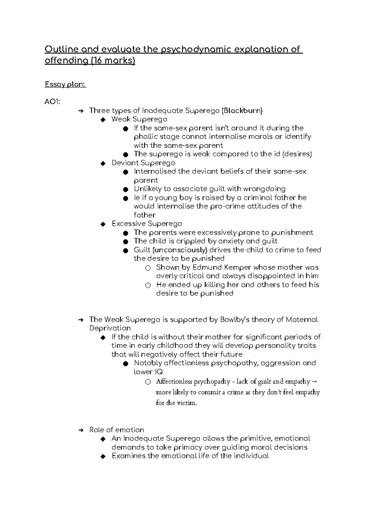 Psychodynamic Explanation of Offending - Essay Plan (16 Marks) - Studocu