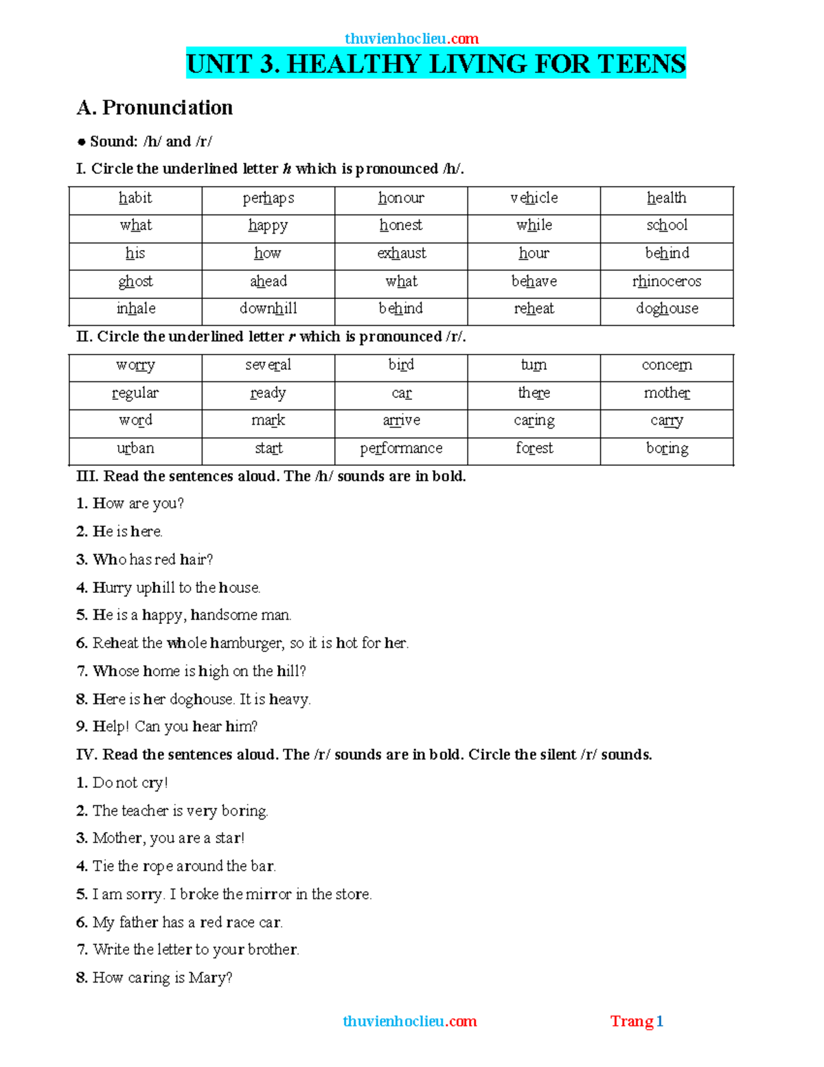 UNIT 3: HEALTHY LIVING FOR TEENS - Pronunciation & Vocabulary Exercises ...