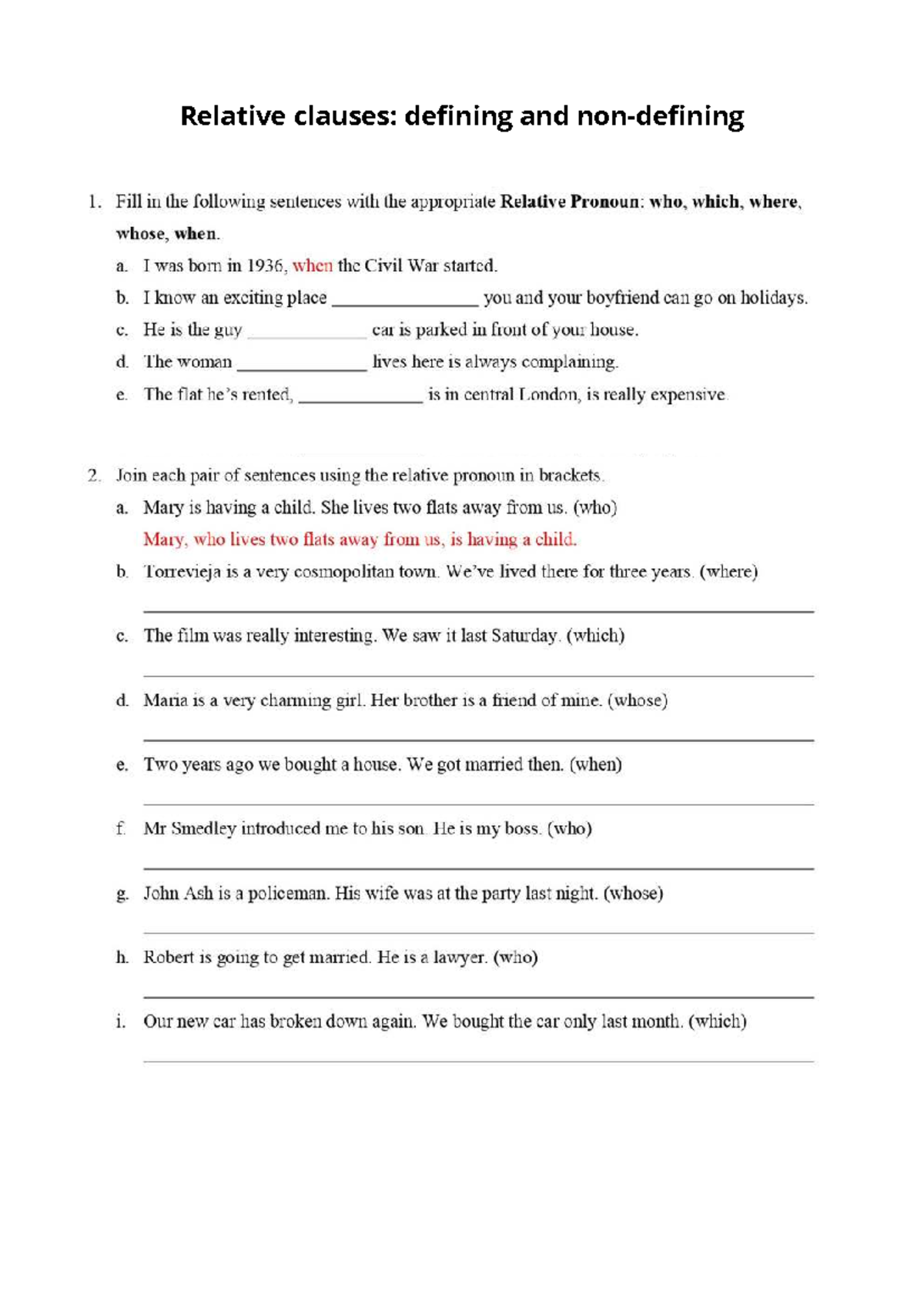 Relative Clauses: Defining & Non-Defining Exercises - Studocu