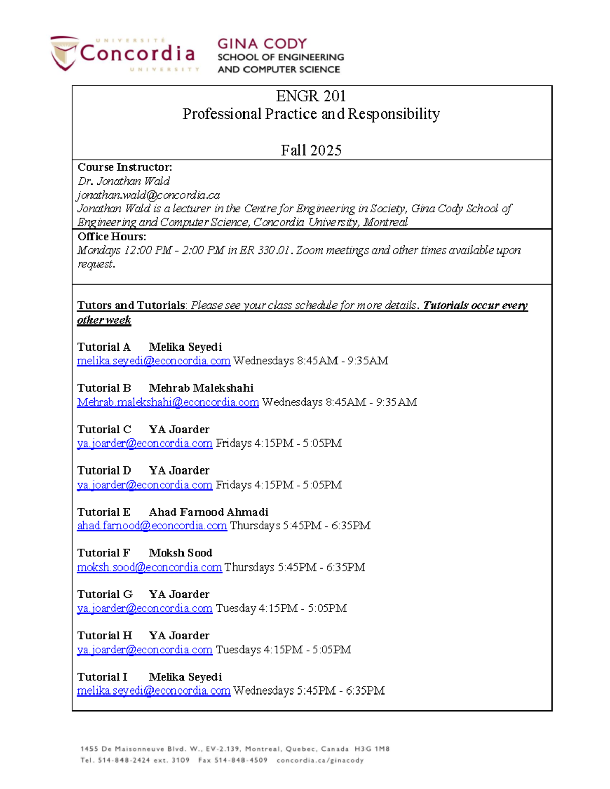 ENGR 201 Professional Practice & Responsibility Course Outline Fall ...