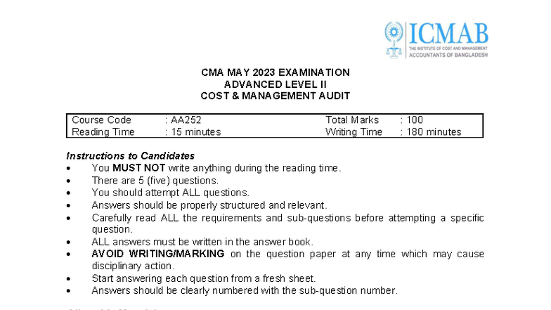 CMA May 2023 Exam: Advanced Level II Cost Management Audit (AA252 ...