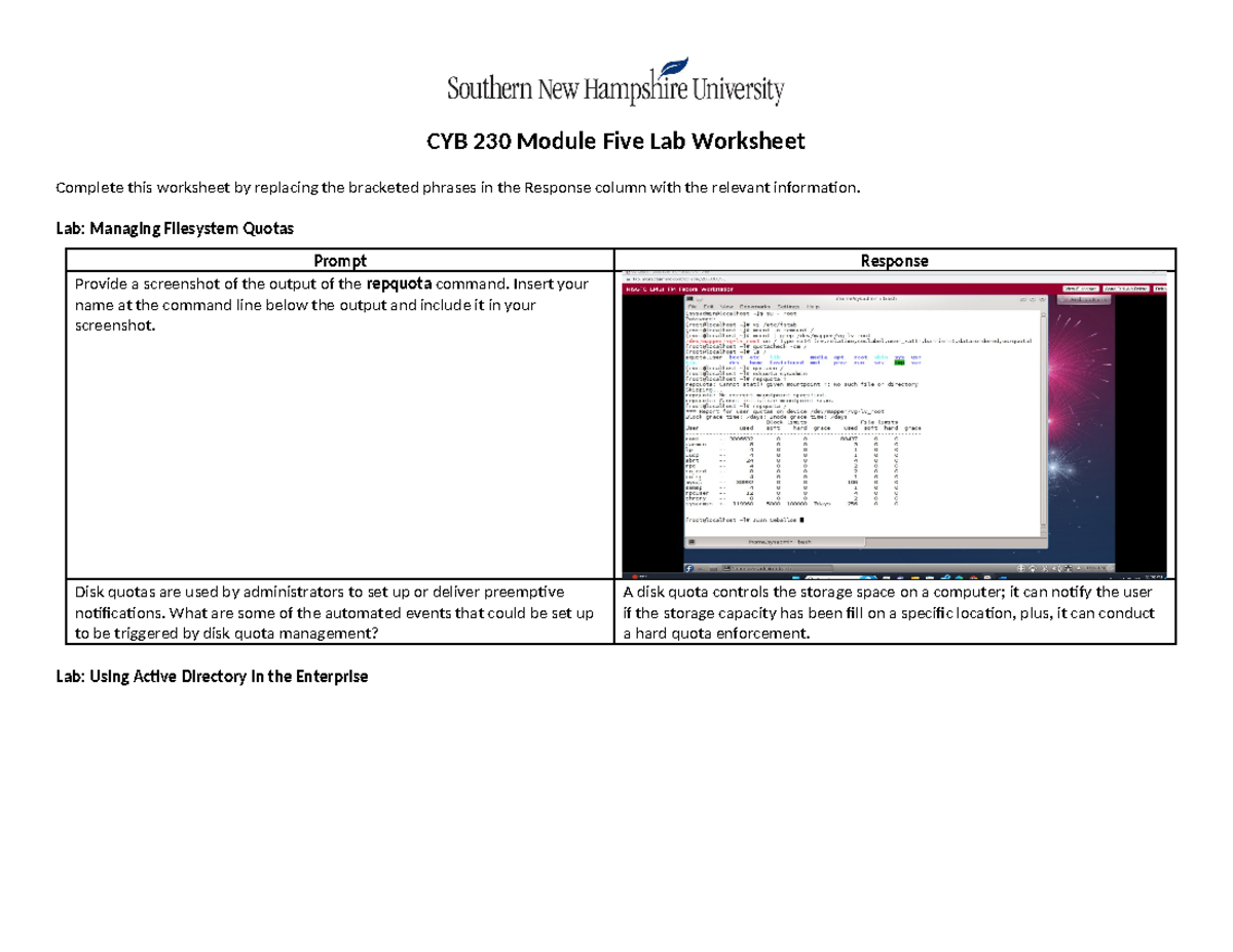 CYB 230 Module 5 Lab: Filesystem Quotas & Active Directory Tasks - Studocu