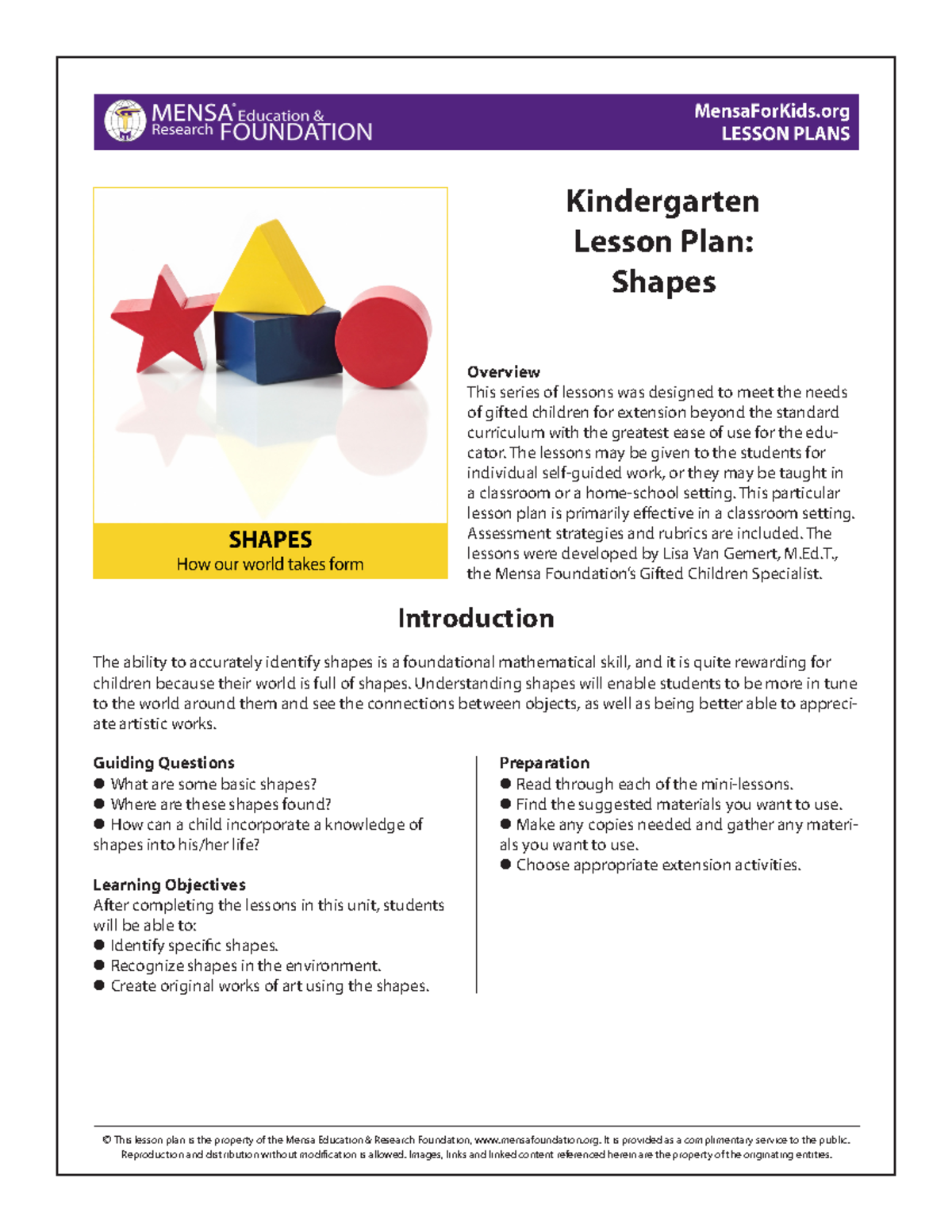 Lesson Plan on Shapes for Kindergarten - Educational Notes - Studocu