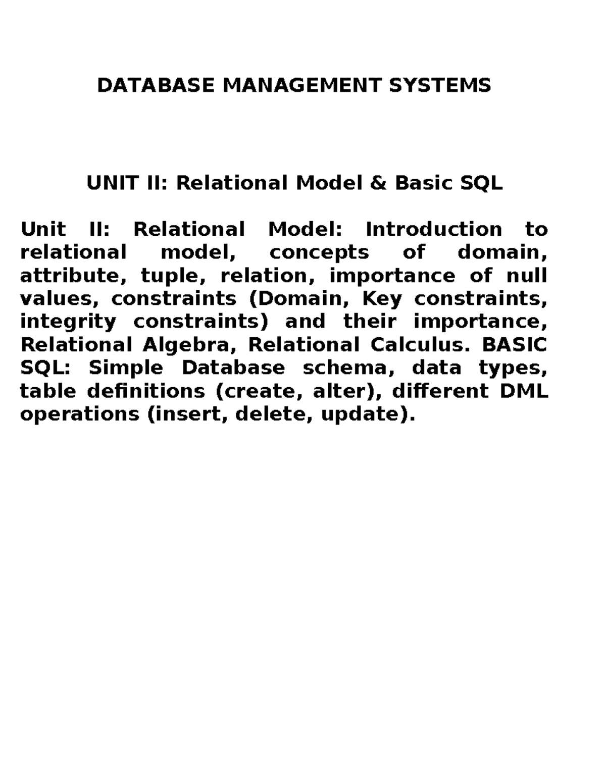 DBMS (R23) UNIT 2: Relational Model & Basic SQL Notes - Studocu