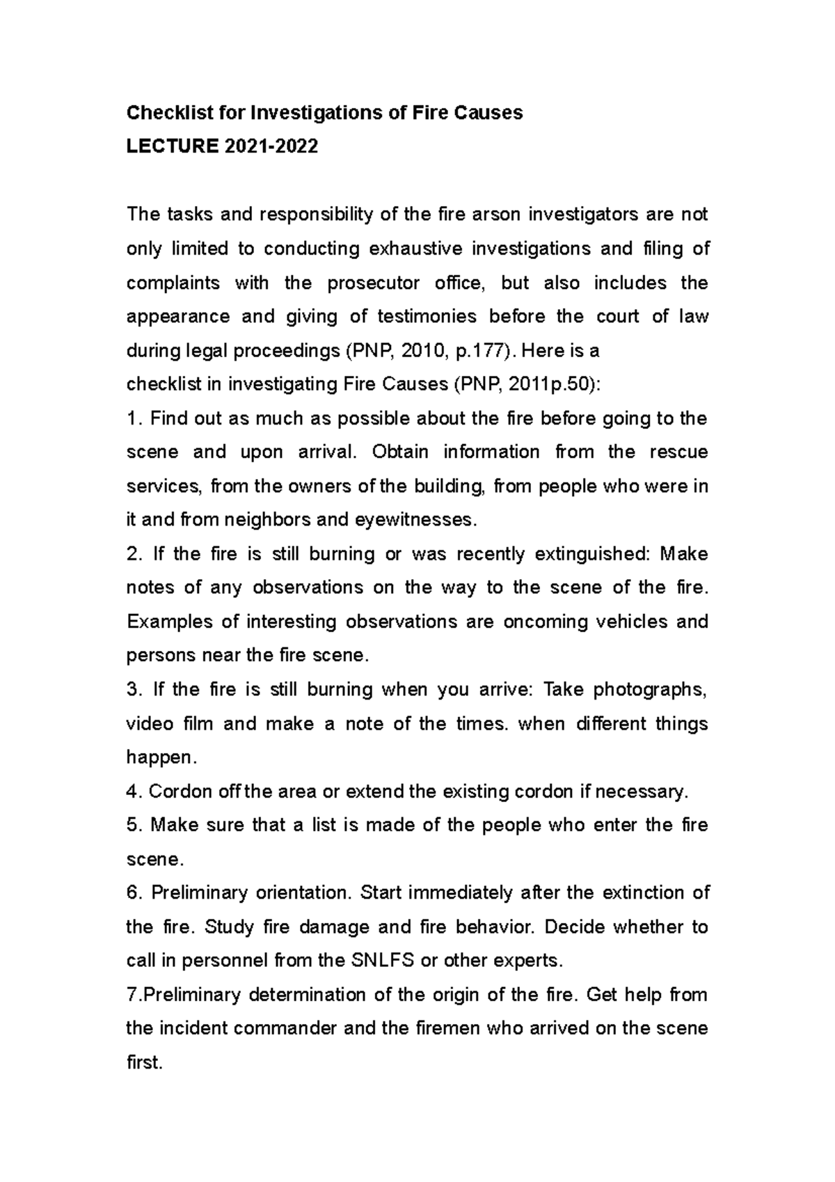 Checklist for Investigations of Fire Causes - Here is a checklist in ...