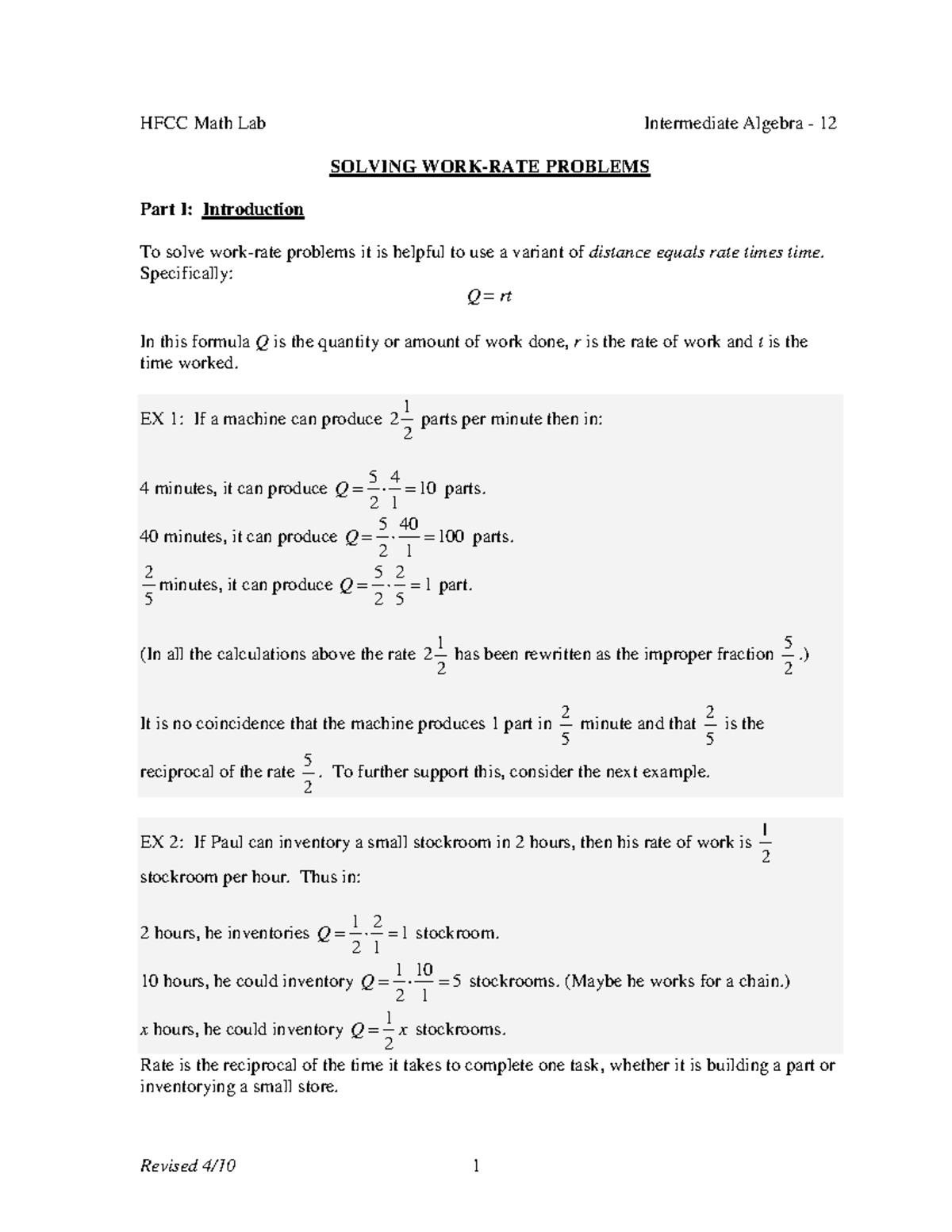 Intermediate Algebra - Work-Rate Problems Notes (Course Code: HFCC ...