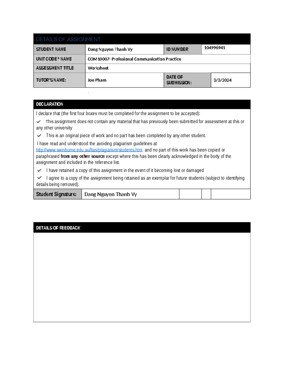 COM10007 assignment 1 - Worksheet - DETAILS OF ASSIGNMENT STUDENT NAME ...