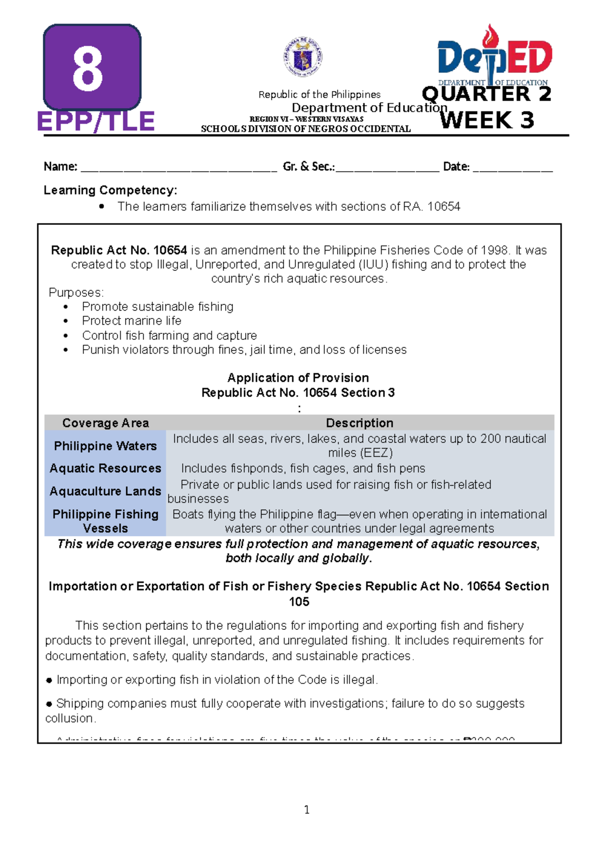 TLE-8 AFA Q2 Week 3: Understanding RA 10654 on Fisheries Management ...