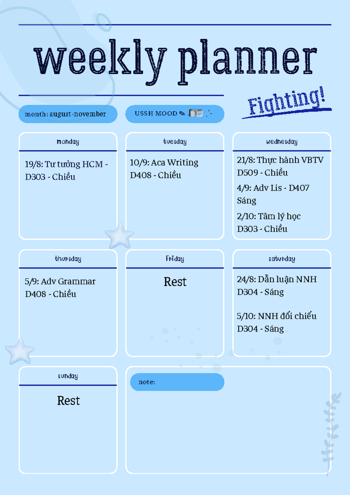 Schedule BLUE 24-25 - Fighting! weekly planner monday month: USSH MOOD ...