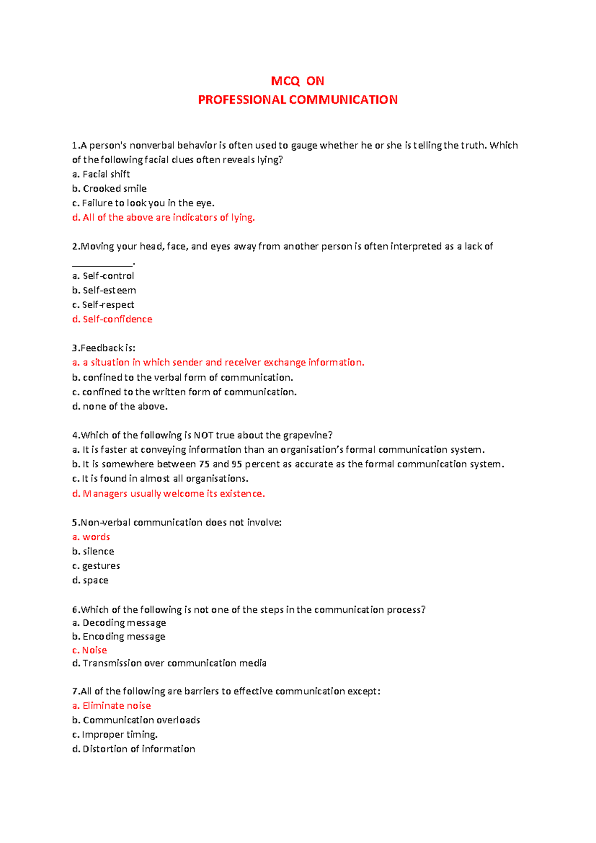 MCQ - Helpful for mcq - MCQ ON PROFESSIONAL COMMUNICATION 1 person's ...