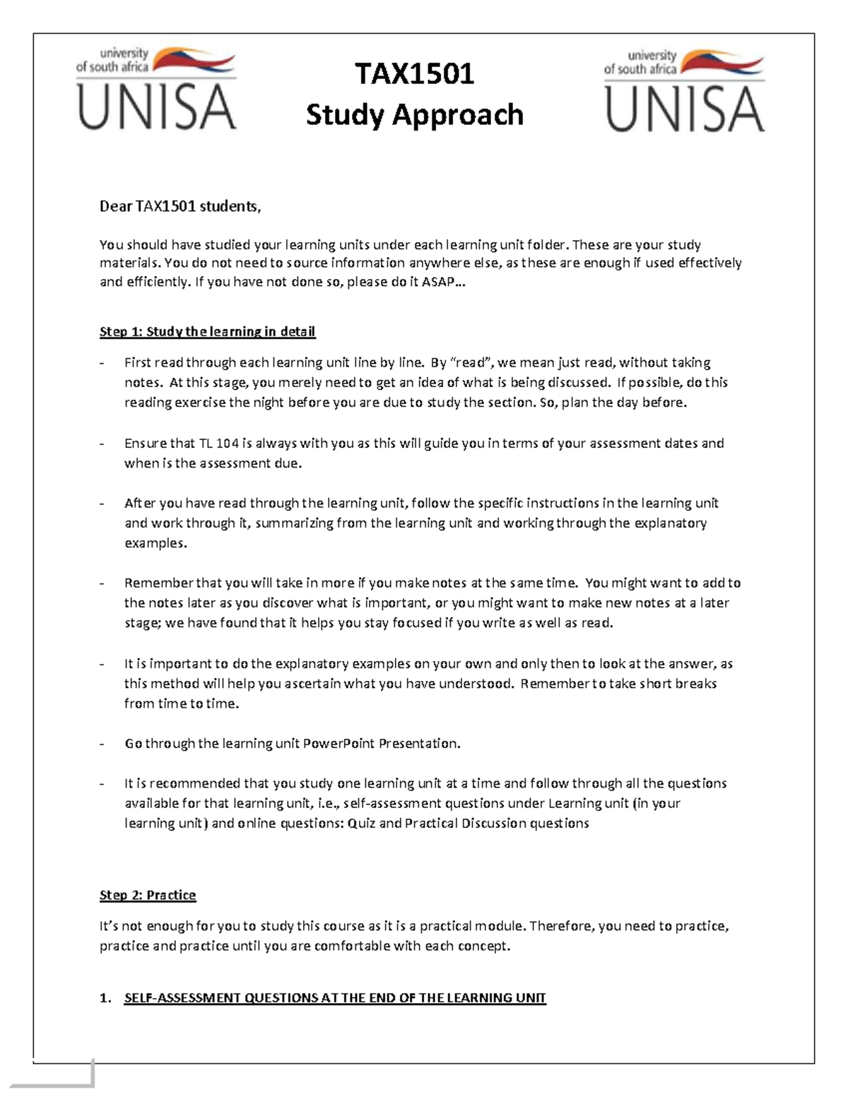 TAX1501 Effective Study Strategies for Success - Studocu