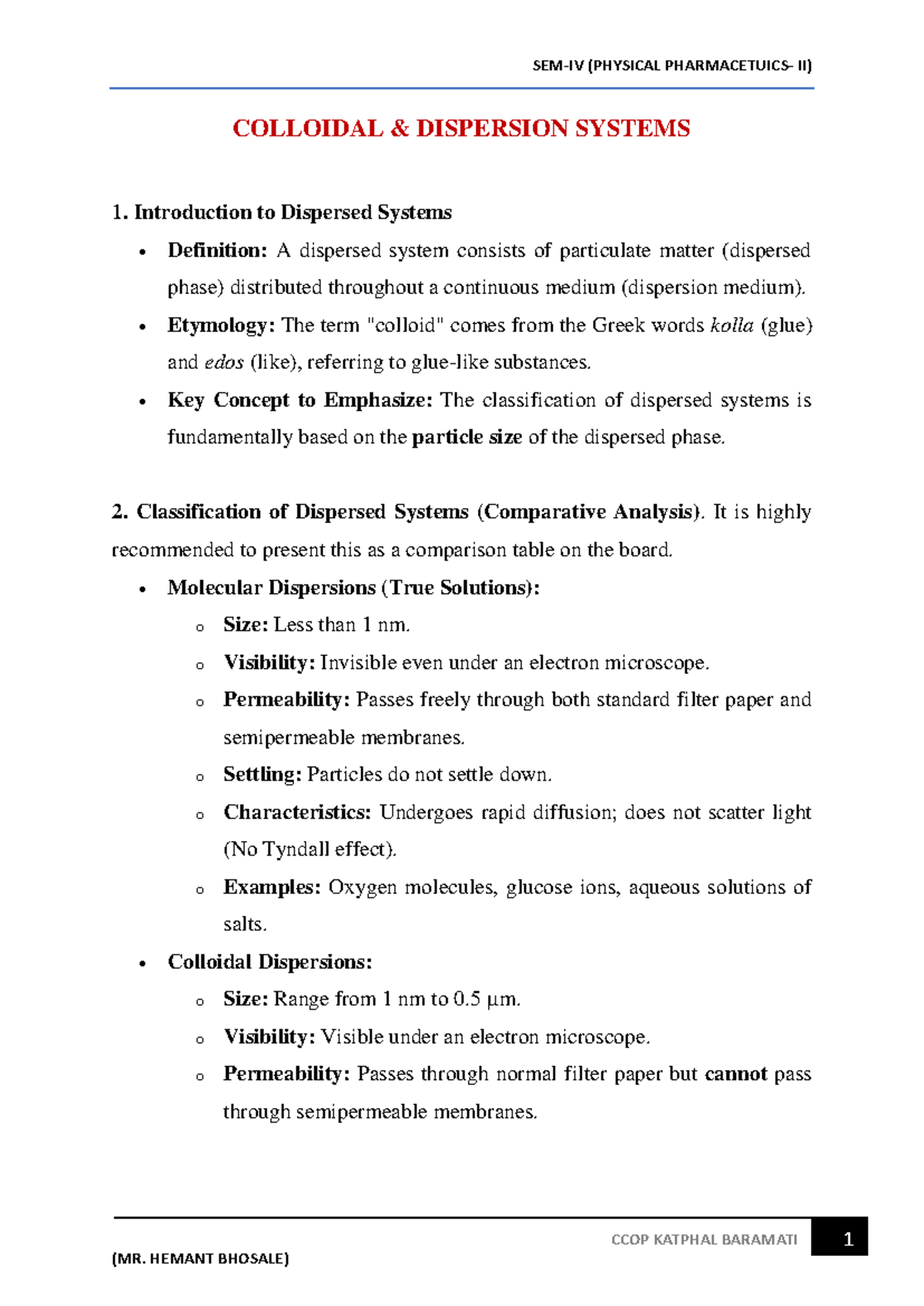 (PHYSICAL II) Colloidal Dispersion Systems: Key Concepts & Properties ...