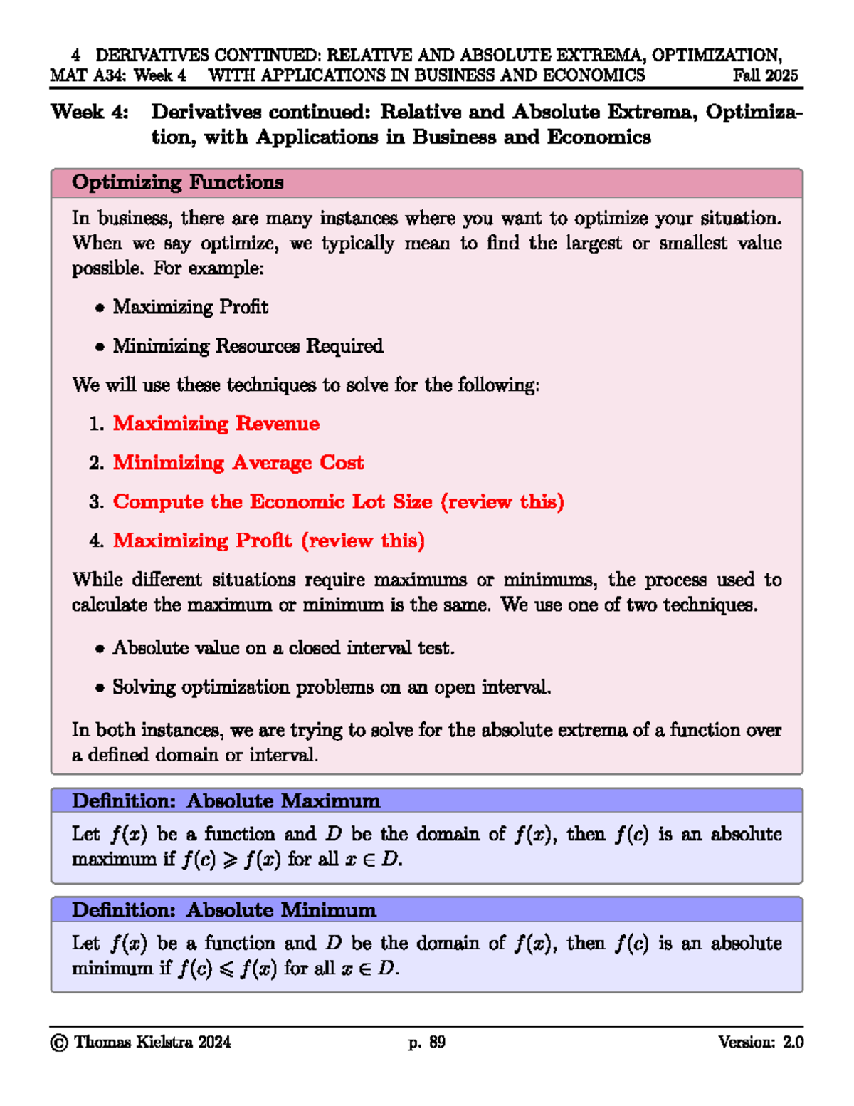 MAT A34: Week 4 Lecture Notes on Derivatives, Extrema & Optimization ...