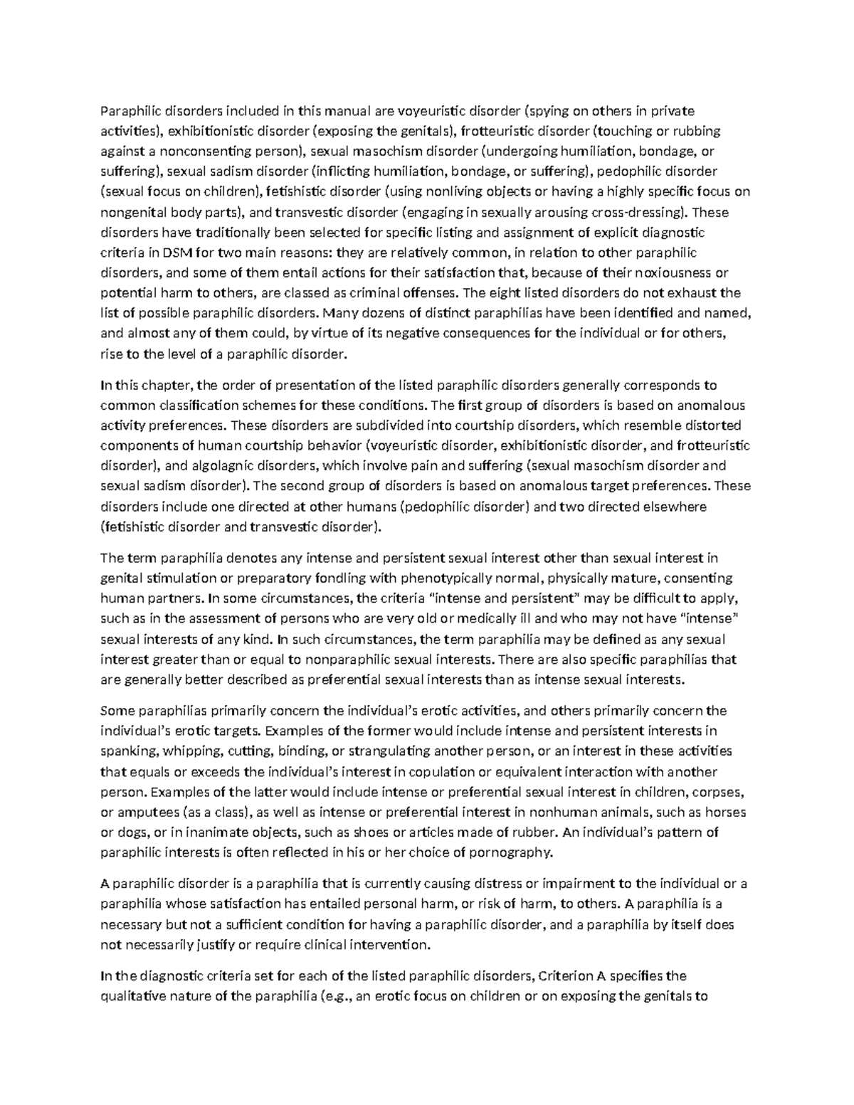 Paraphilic Disorders Overview: Key Concepts and Classifications - Studocu