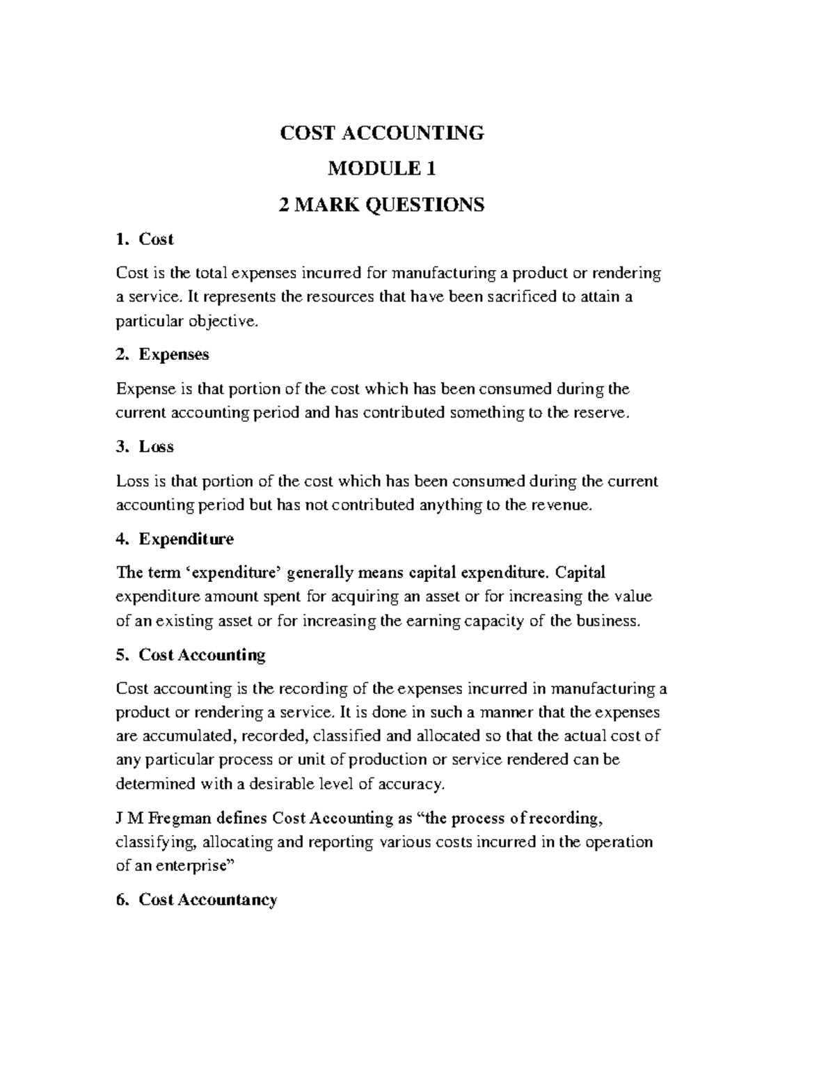 COST Accounting 1 - Module I: Key Concepts and 2 Mark Questions - Studocu