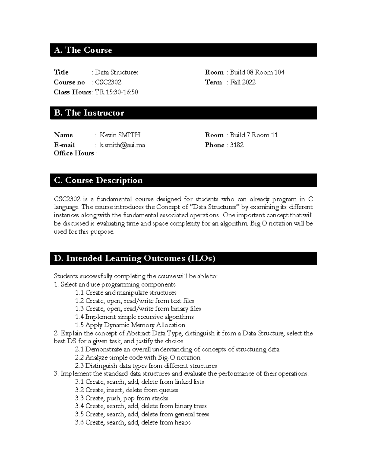 Data Structures Syllabus - CSC2302 Fall 2022 - Studocu