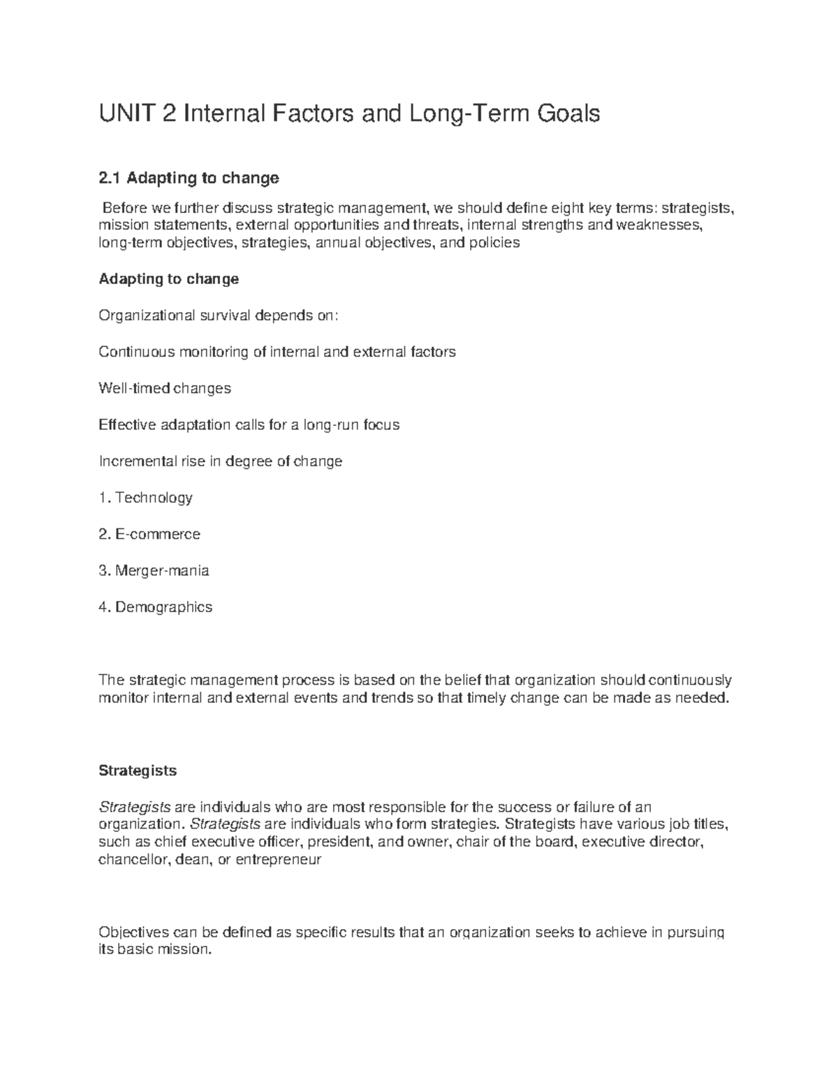 UNIT 2: Internal Factors Impacting Long-Term Strategic Goals - Studocu