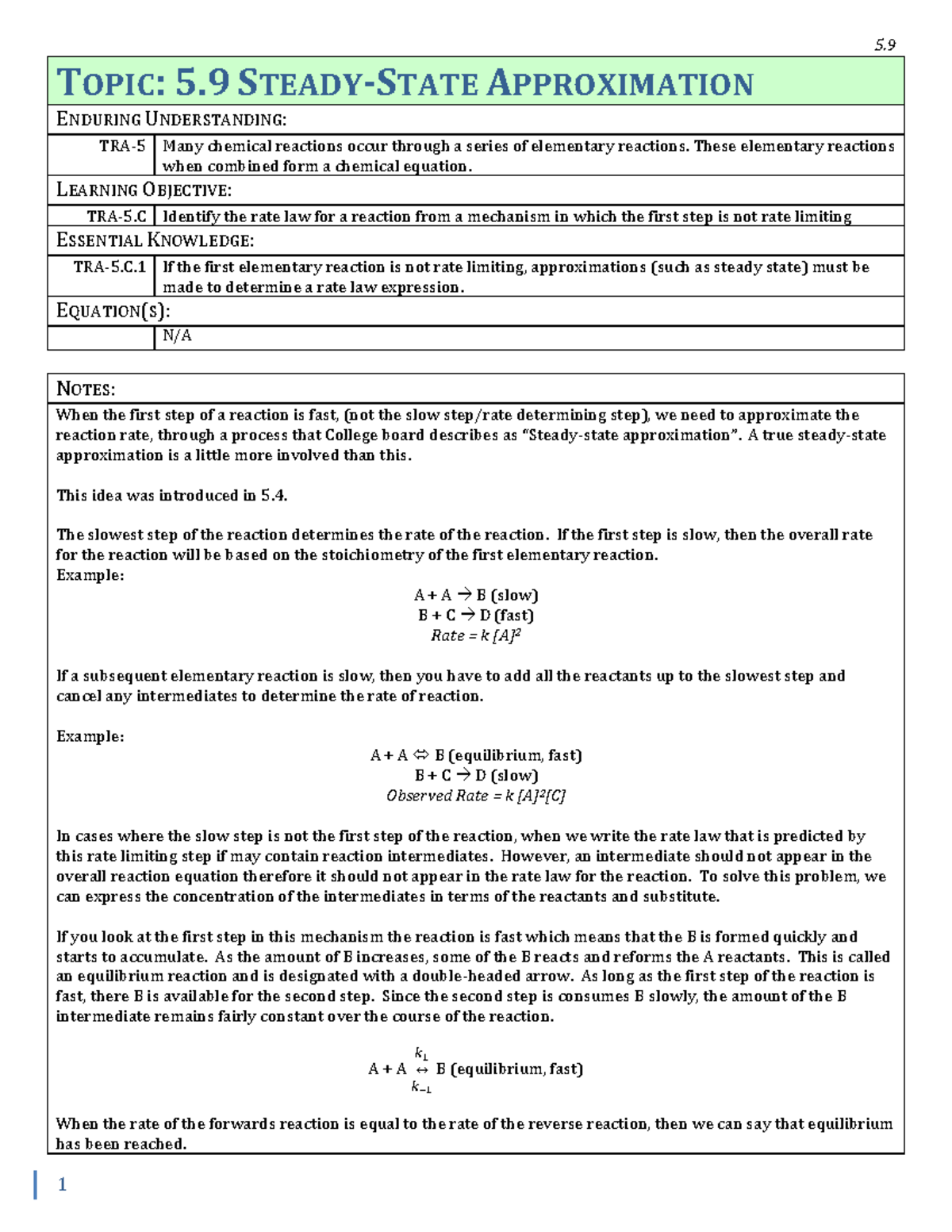 TRA-5 Steady-State Approximation Notes and Key Concepts - Studocu