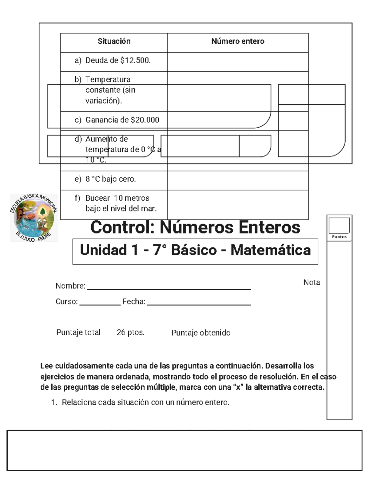 Control Números Enteros 7° Básico: Ejercicios y Evaluación - Studocu