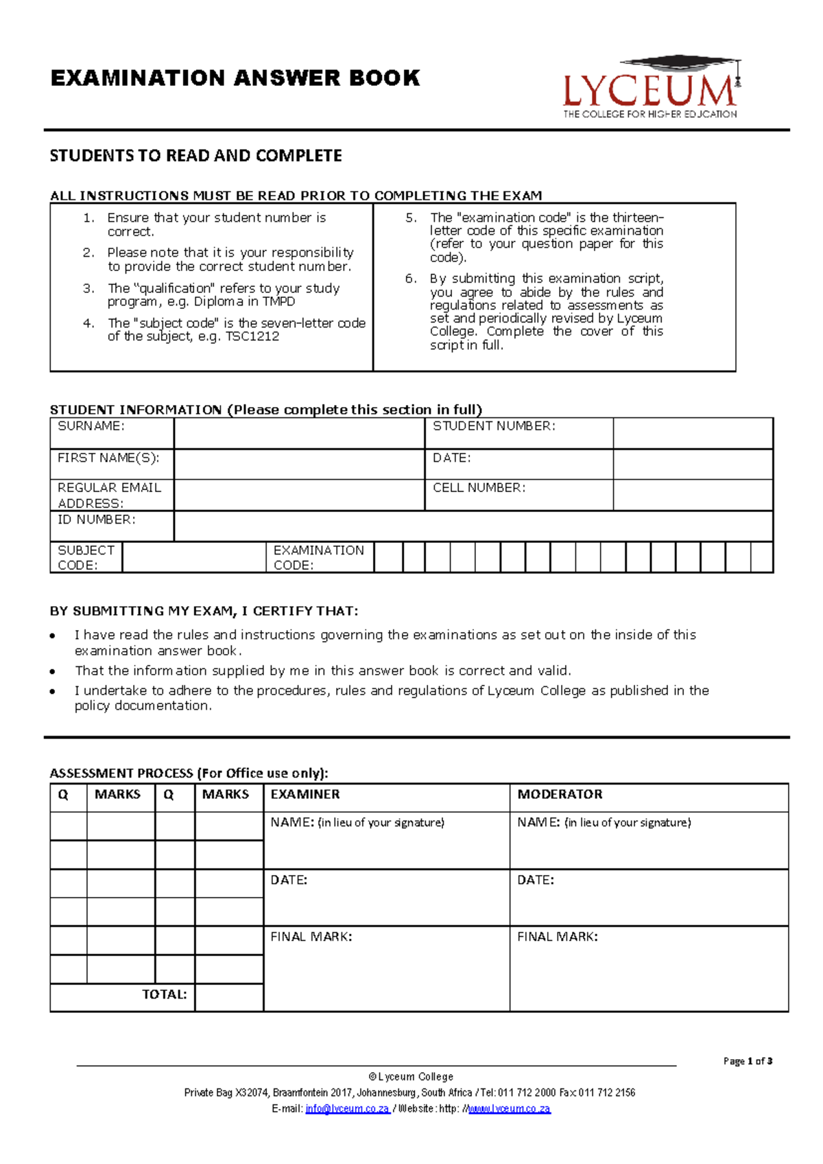 Examination Answer Book - Application-Based Exam Instructions - Studocu