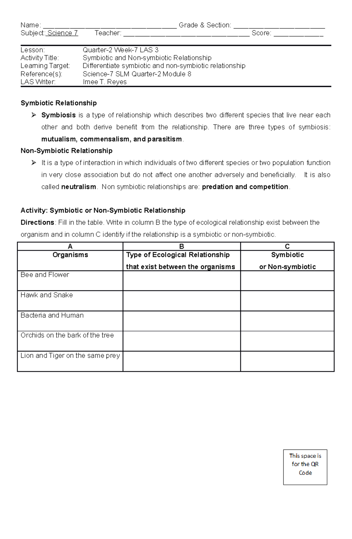 Science 7 Q2 Week7 LAS3 - Learning Activities Sheet - Name ...