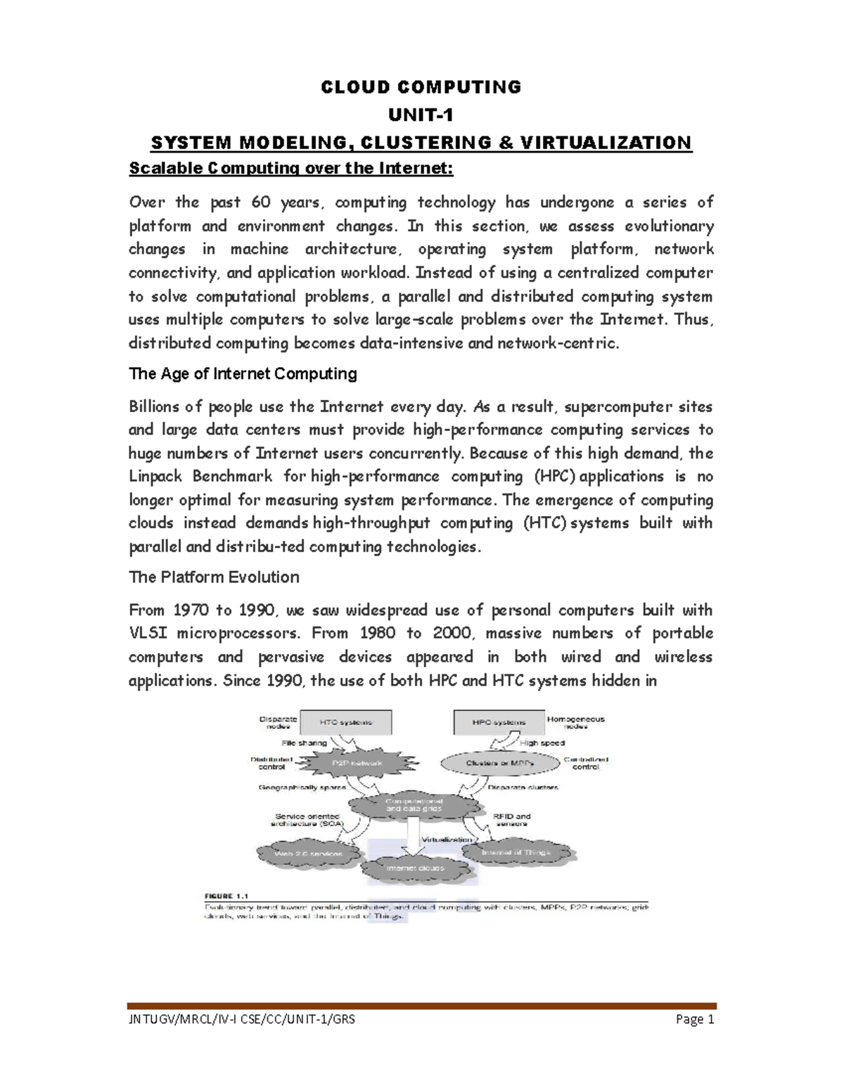 R20 Cloud Computing UNIT1 - JNTUGV/MRCL/IV-I CSE/CC/UNIT-1/GRS Page 1 ...