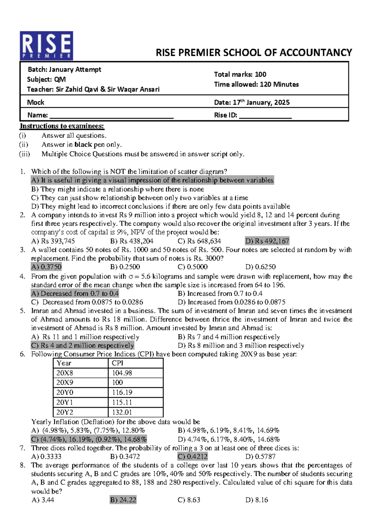 Mock Final Exam Solutions for QM - RISE School of Accountancy - Studocu