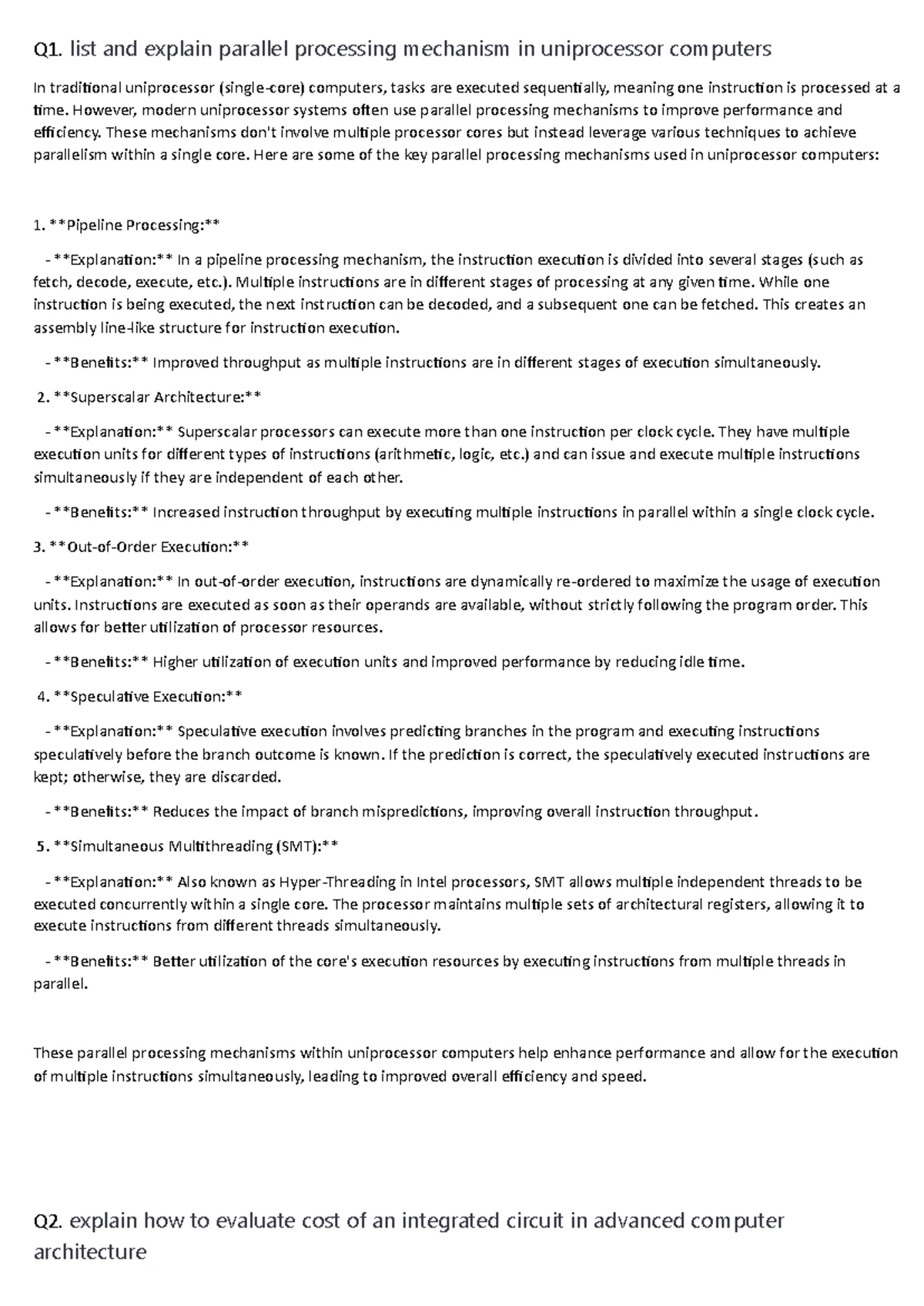 ACA-1 - None - Q1. list and explain parallel processing mechanism in ...