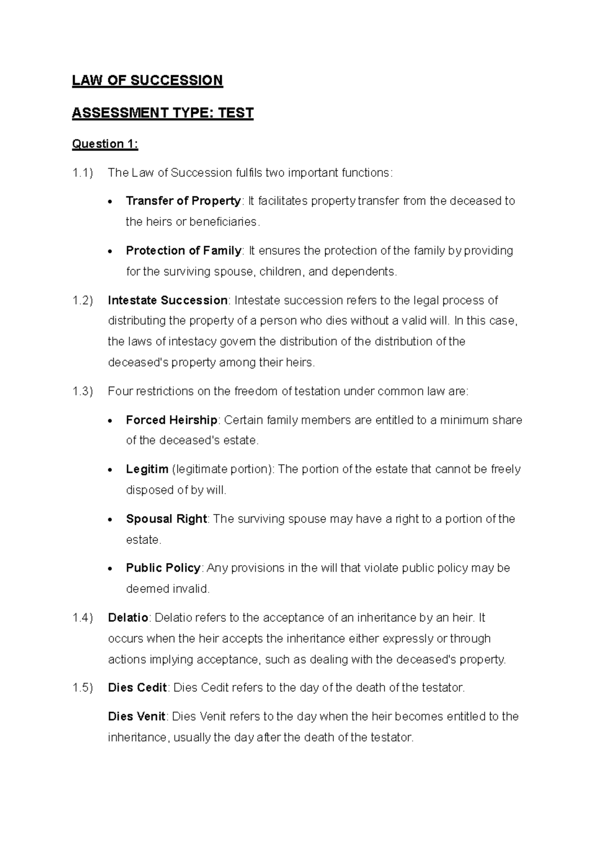 LAW OF SUCCESSION Test 1 2023 Answers: Key Concepts & Case Laws - Studocu