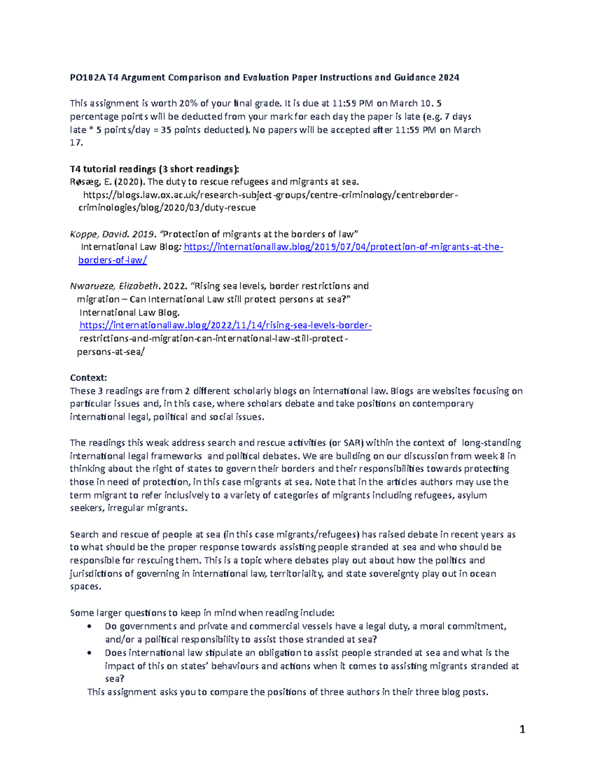PO102 B T4 Assignment - Argument Comparison on Sea Migration Law - Studocu